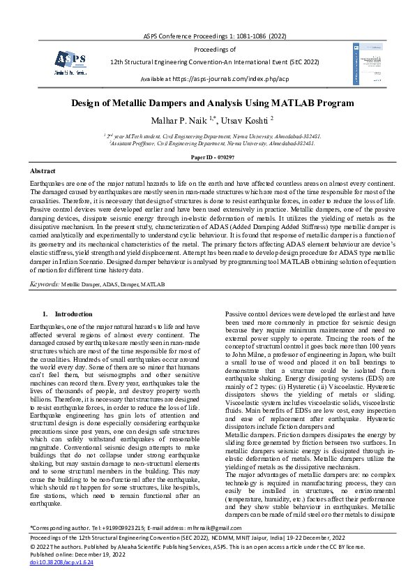 (PDF) Design of Metallic Dampers and Analysis Using MATLAB Program