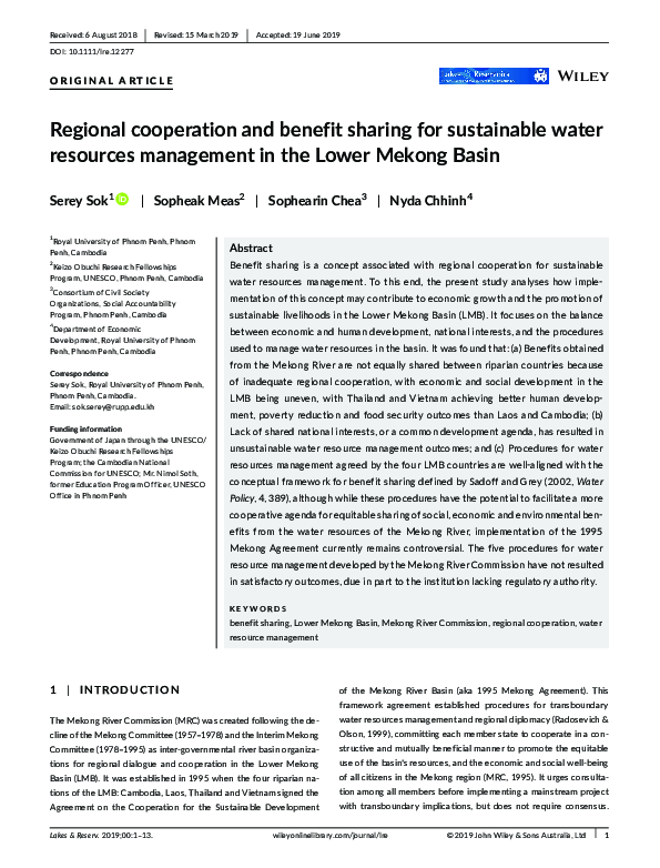 (PDF) Regional cooperation and benefit sharing for sustainable water ...
