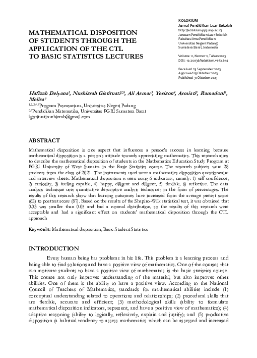 (PDF) Mathematical Disposition of Students Through the Application of ...