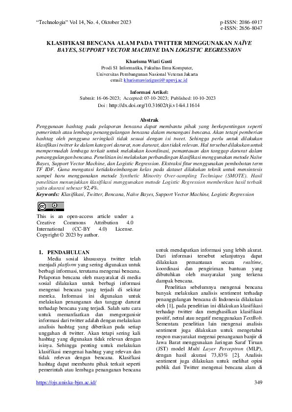 (PDF) Klasifikasi Bencana Alam Pada Twitter Menggunakan Naïve Bayes, Support Vector Machine Dan ...