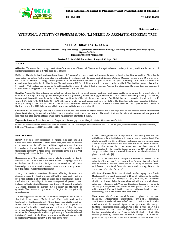(PDF) ANTIFUNGAL ACTIVITY OF PIMENTA DIOICA (L.) MERRIL AN AROMATIC MEDICINAL TREE Original Article