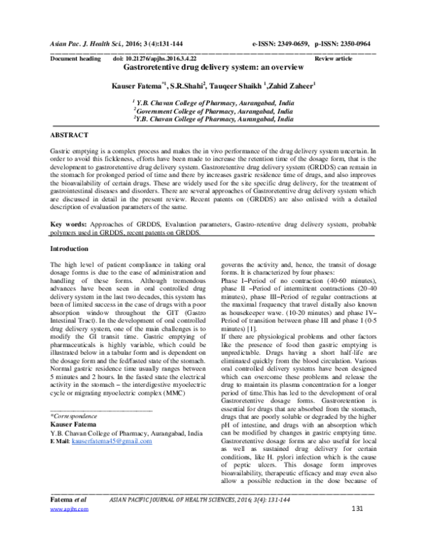(PDF) Gastroretentive drug delivery system: an overview