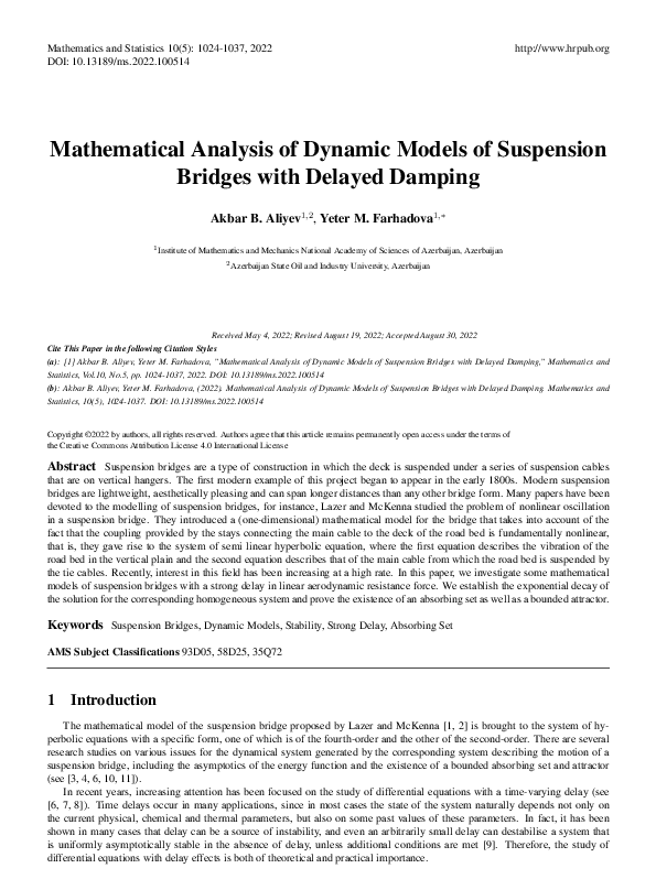 (PDF) Mathematical Analysis of Dynamic Models of Suspension Bridges with Delayed Damping