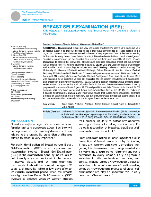 (PDF) Breast Self-Examination (Bse); Knowledge, Attitude and Practice ...