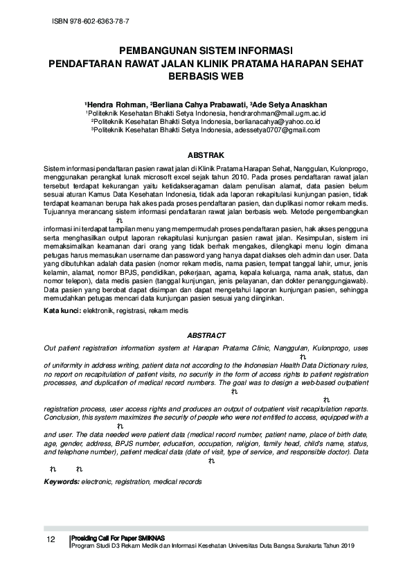 (PDF) Pembangunan Sistem Informasi Pendaftaran Rawat Jalan Klinik Pratama Harapan Sehat Berbasis ...