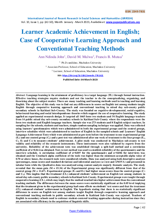 (PDF) Learner Academic Achievement in English; Case of Cooperative ...