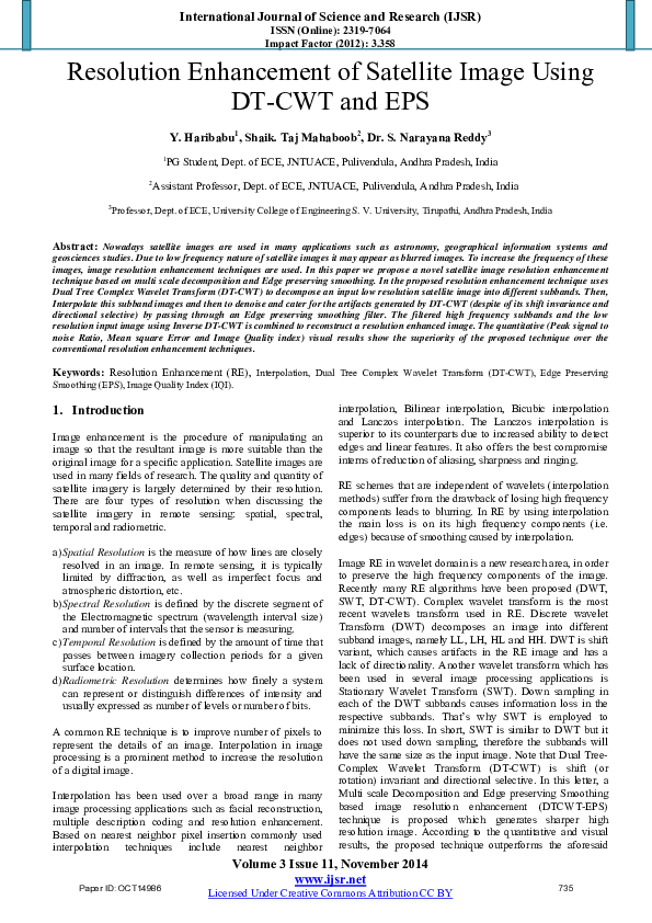 (PDF) Resolution Enhancement of Satellite Image Using DT-CWT and EPS