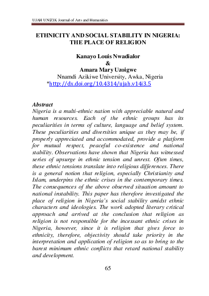 (PDF) Ethnicity and Social Stability in Nigeria: The Place of Religion