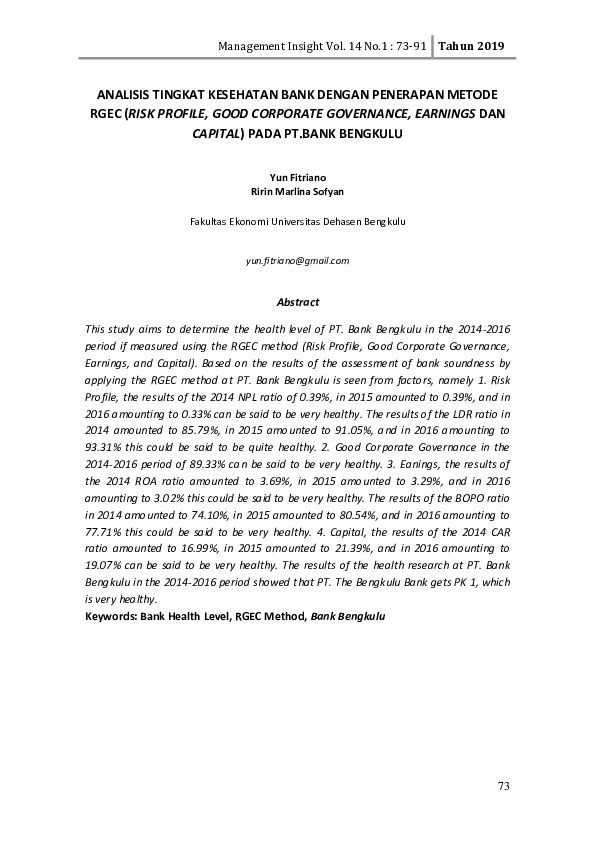 (PDF) Analisis Tingkat Kesehatan Bank Dengan Penerapan Metode Rgec (Risk Profile, Good Corporate ...