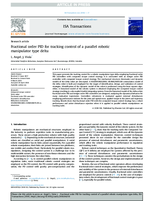 Pdf Fractional Order Pid For Tracking Control Of A Parallel Robotic Manipulator Type Delta