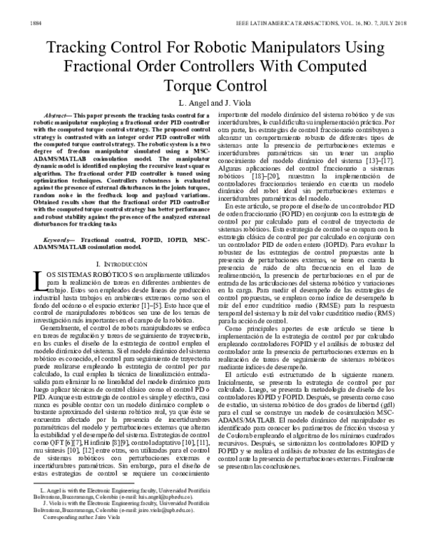 (PDF) Tracking Control for Robotic Manipulators using Fractional Order Controllers with Computed ...