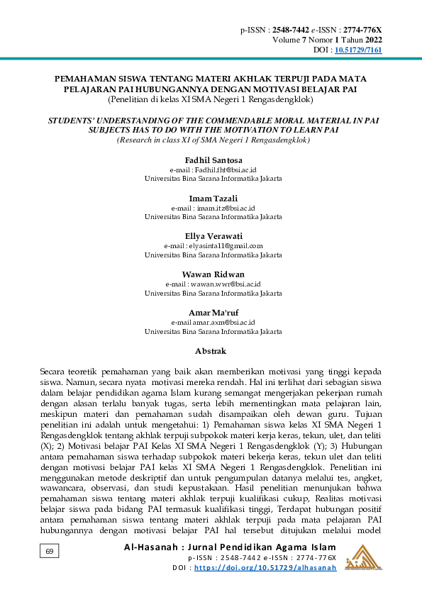 (PDF) Pemahaman Siswa Tentang Materi Akhlak Terpuji Pada Mata Pelajaran Pai Hubungannya Dengan ...