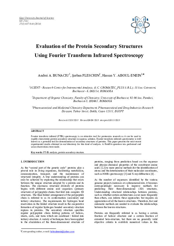 (PDF) Evaluation of the Protein Secondary Structures Using Fourier Transform Infrared Spectroscopy