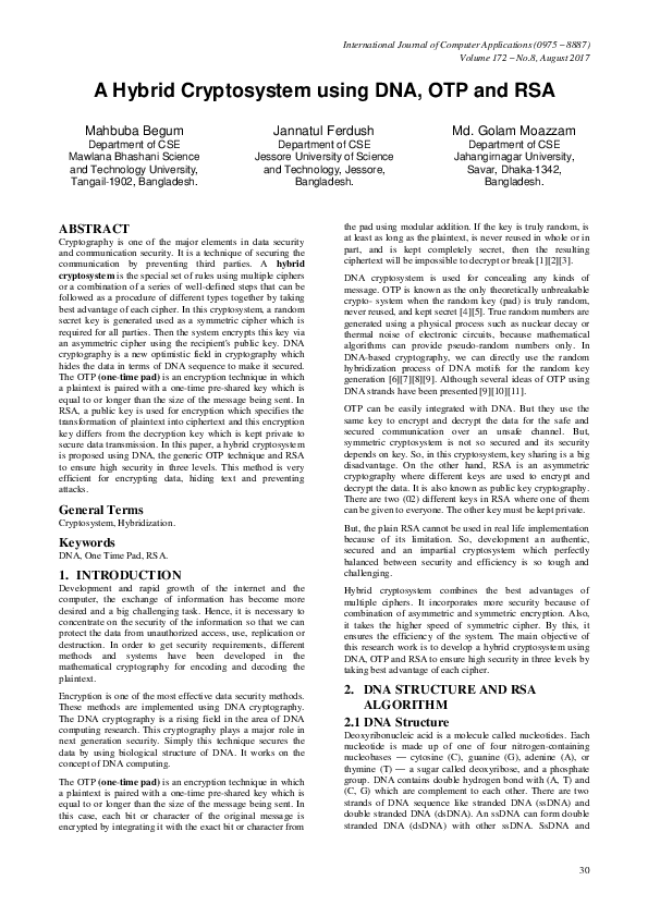 (PDF) A Hybrid Cryptosystem using DNA, OTP and RSA