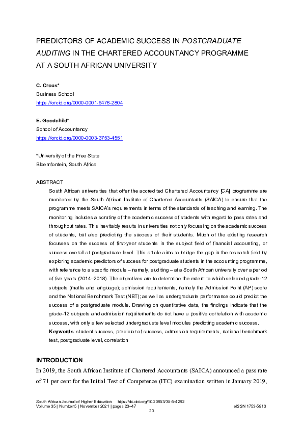 (PDF) Predictors of academic success in postgraduate auditing in the ...