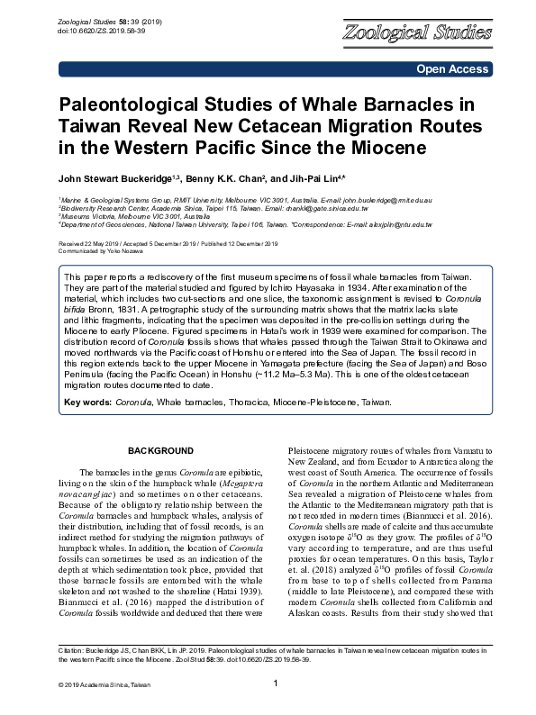 (PDF) Paleontological Studies of Whale Barnacles in Taiwan Reveal New ...