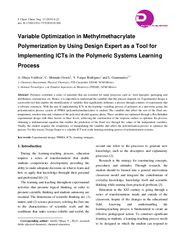 (PDF) Variable Optimization in Methylmethacrylate Polymerization by Using Design Expert as a ...