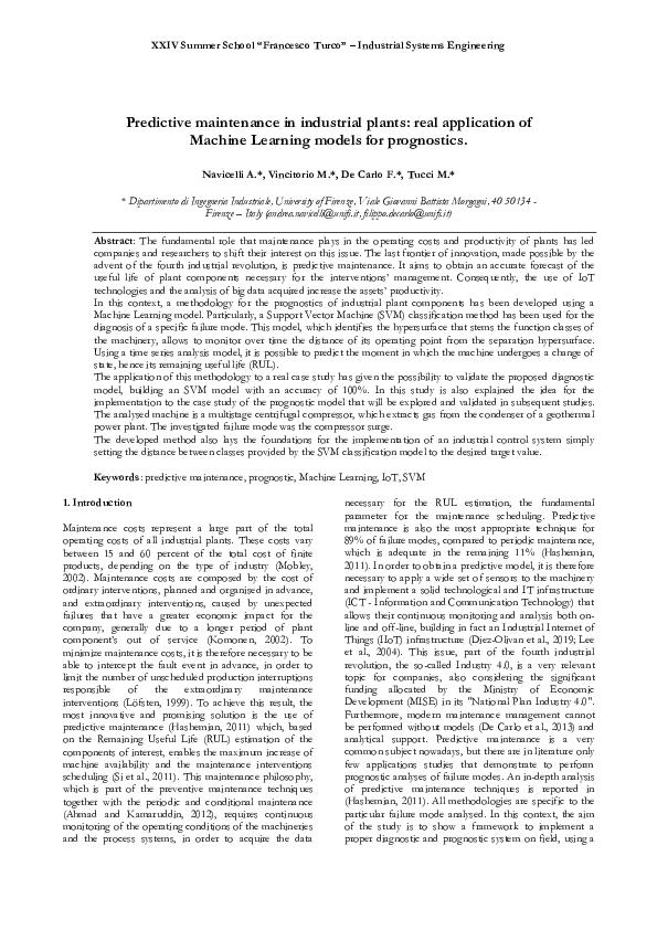 (PDF) Predictive maintenance in industrial plants: real application of Machine Learning models ...