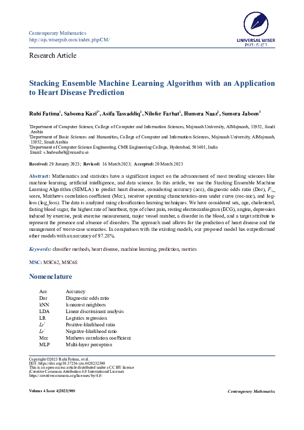 Pdf Stacking Ensemble Machine Learning Algorithm With An Application To Heart Disease