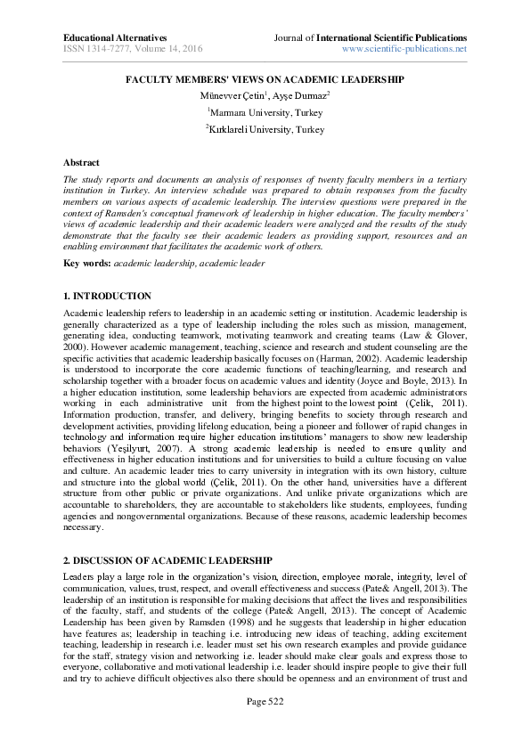 (PDF) Faculty Members' Views on Academic Leadership