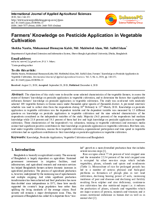 (PDF) Farmers’ Knowledge on Pesticide Application in Vegetable Cultivation