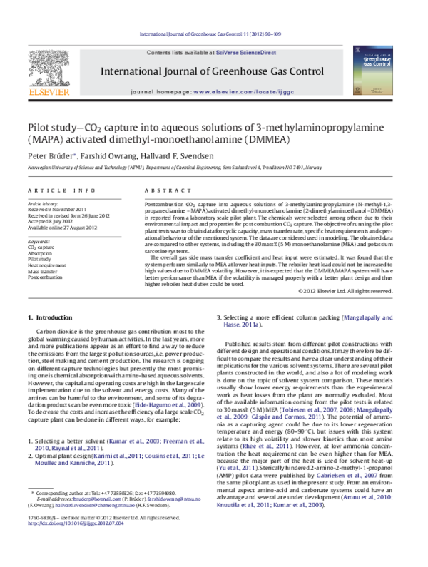 (PDF) Pilot study—CO2 capture into aqueous solutions of 3 ...