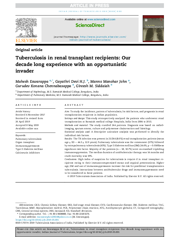 (PDF) Tuberculosis in renal transplant recipients on isoniazid prophylaxis