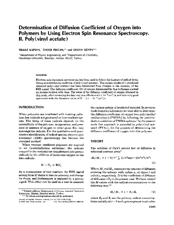 Pdf Determination Of Diffusion Coefficient Of Oxygen Into Polymers By Using Electron Spin