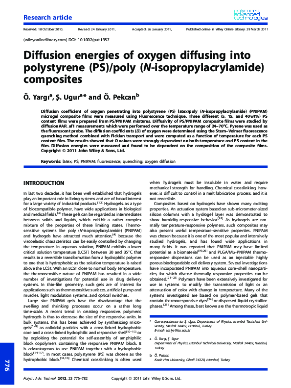 (PDF) Diffusion energies of oxygen diffusing into polystyrene (PS)/poly (N-isopropylacrylamide ...
