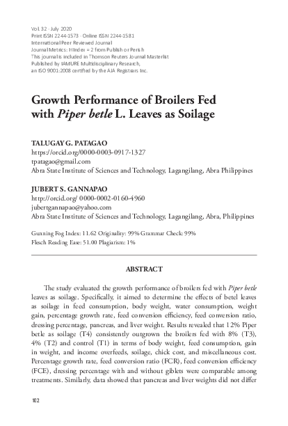 (PDF) Growth Performance of Broilers Fed with Piper betle L. Leaves as ...
