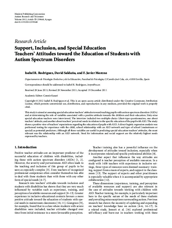 (PDF) Support, Inclusion, and Special Education Teachers’ Attitudes toward the Education of ...
