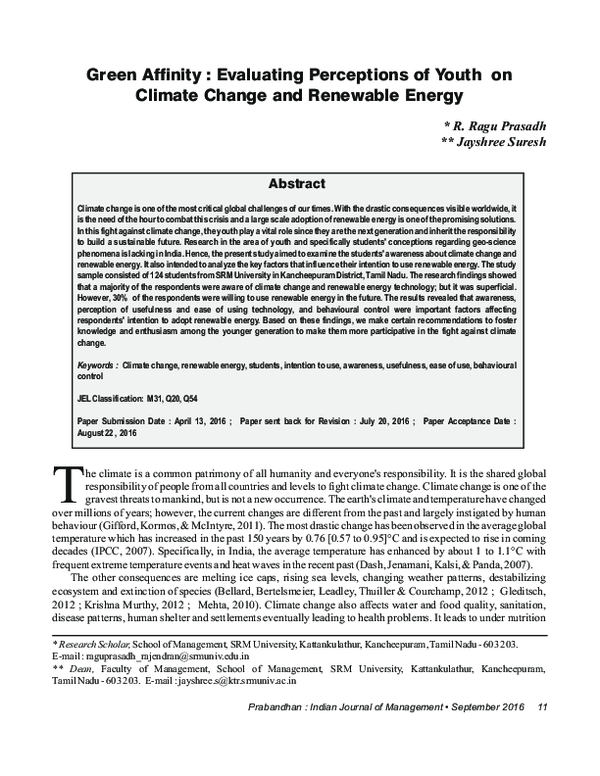 (PDF) Green Affinity : Evaluating Perceptions of Youth on Climate Change and Renewable Energy