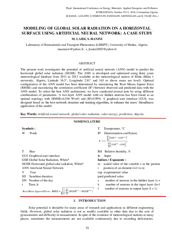 Pdf Modeling Of Global Solar Radiation On A Horizontal Surface Using Artificial Neural Network