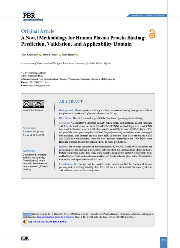 Pdf A Novel Methodology For Human Plasma Protein Binding Prediction Validation And