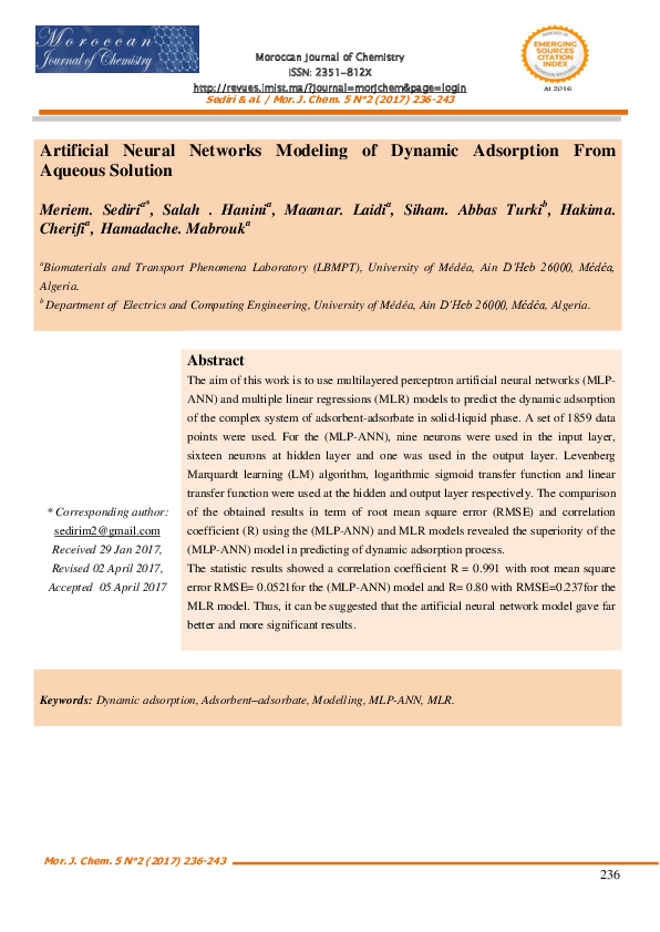 (PDF) Artificial Neural Networks Modeling of Dynamic Adsorption From Aqueous Solution