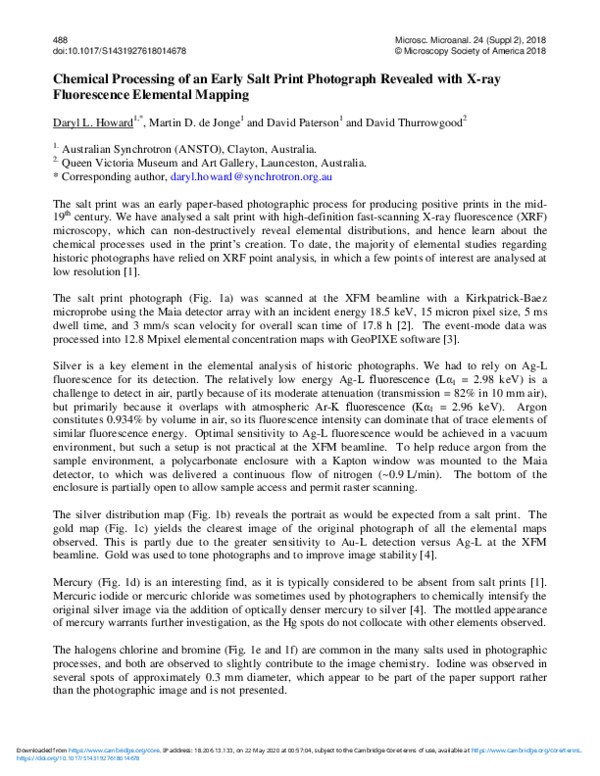 (PDF) Chemical Processing of an Early Salt Print Photograph Revealed ...