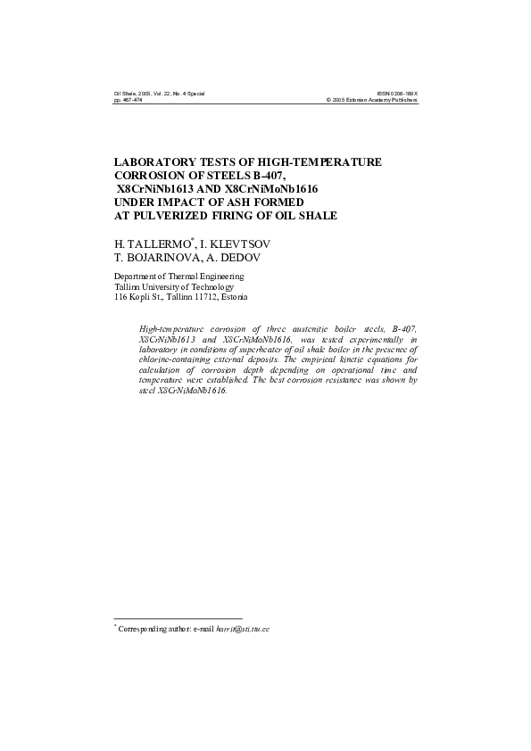 (PDF) LABORATORY TESTS OF HIGH-TEMPERATURE CORROSION OF STEELS B-407 ...