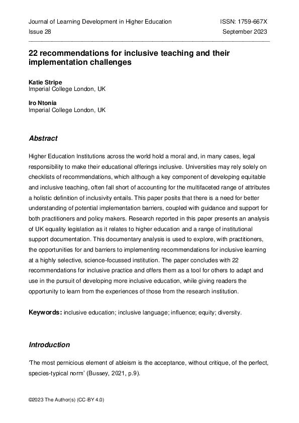 (PDF) Twenty-two recommendations for inclusive teaching and their ...