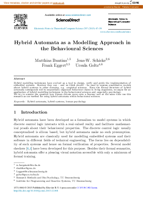 (PDF) Hybrid Automata as a Modelling Approach in the Behavioural Sciences