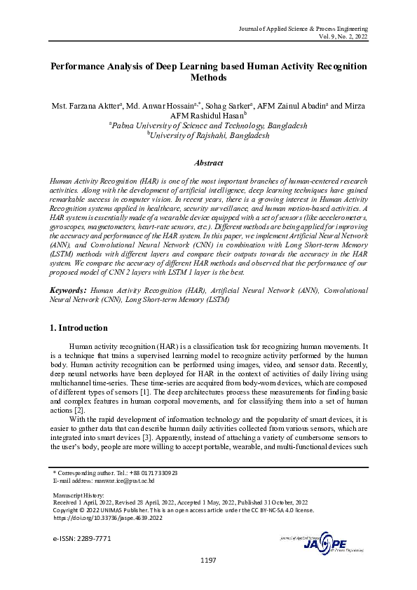 (PDF) Performance Analysis of Deep Learning based Human Activity Recognition Methods
