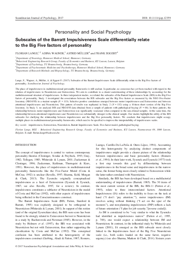 (PDF) Subscales of the Barratt Impulsiveness Scale differentially ...