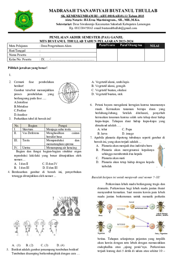 (DOC) SOAL PAS 2023-2024 IPA KELAS IX BERBASIS LITERASI NUMERASI