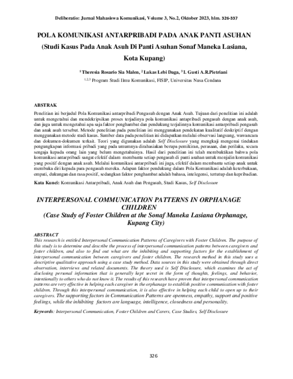 (PDF) Pola Komunikasi Antarpribadi Pada Anak Panti Asuhan