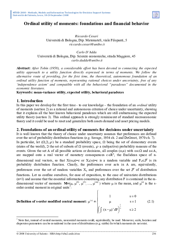 (PDF) 1 Ordinal utility of moments: foundations and financial behavior