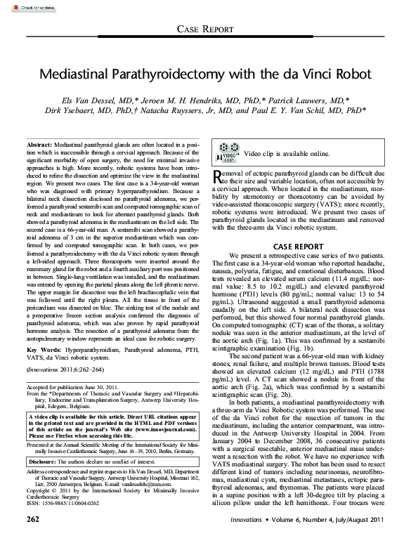 (PDF) Mediastinal Parathyroidectomy with the da Vinci Robot