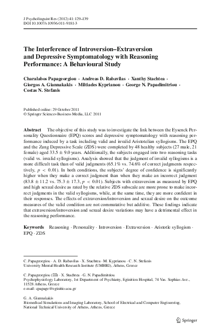 (PDF) The Interference of Introversion–Extraversion and Depressive Symptomatology with Reasoning ...