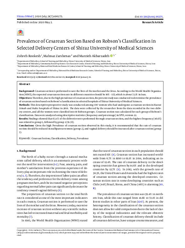 Prevalence of Cesarean Section Based on Robson’s Classification in ...