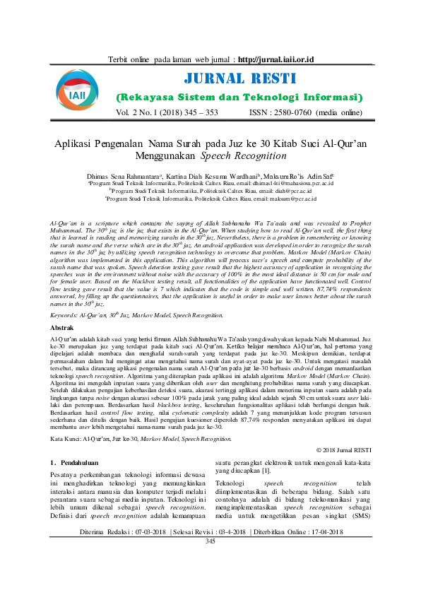 (PDF) Aplikasi Pengenalan Nama Surah pada Juz ke 30 Kitab Suci Al-Qur’an Menggunakan Speech ...