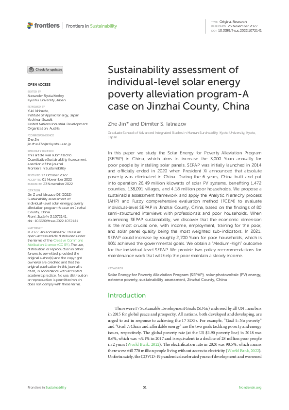 (PDF) Sustainability assessment of individual-level solar energy ...