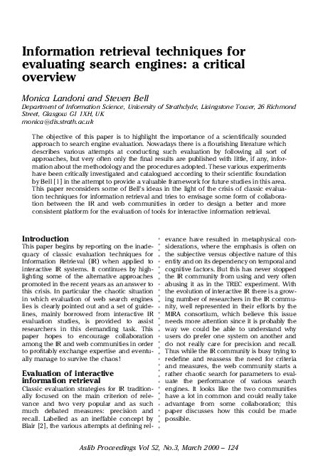 (PDF) Information retrieval techniques for evaluating search engines: a critical overview